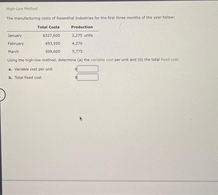 Solved High-Low Method The manufacturing costs of Rosenthal | Chegg.com
