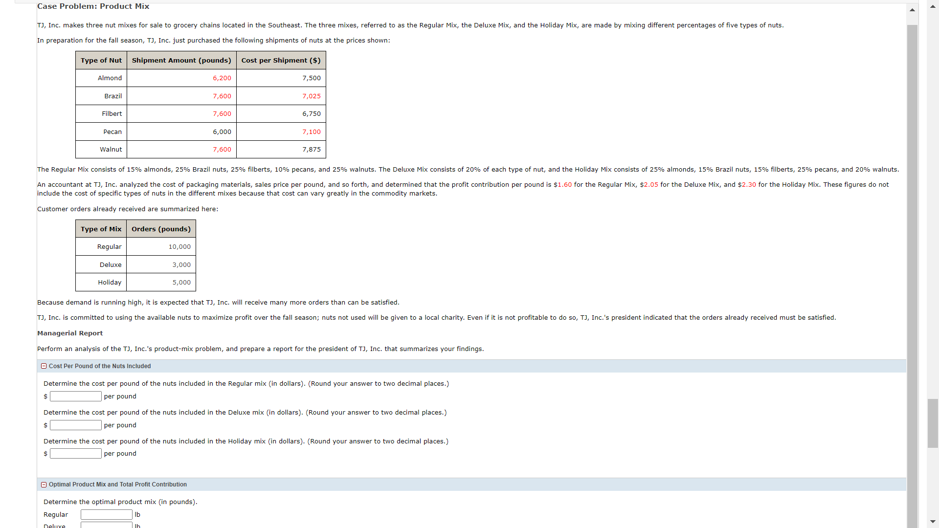 Solved Case Problem: Product MixTJ, ﻿Inc. makes three nut | Chegg.com