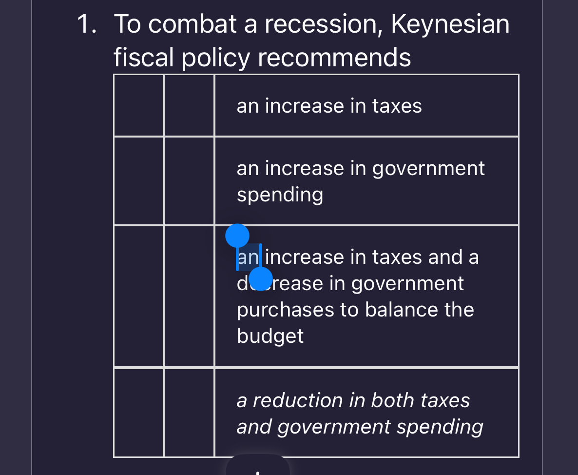 Solved To combat a recession, Keynesian fiscal policy | Chegg.com