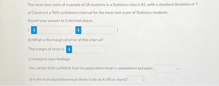 Solved The mean test score of a sample of 28 students in a | Chegg.com