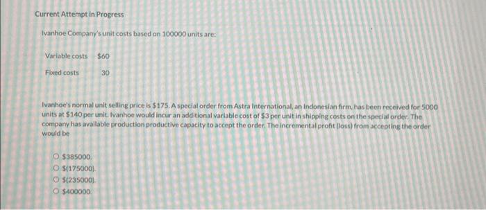Solved Current Attempt in Progress Ivanhoe Company's unit | Chegg.com