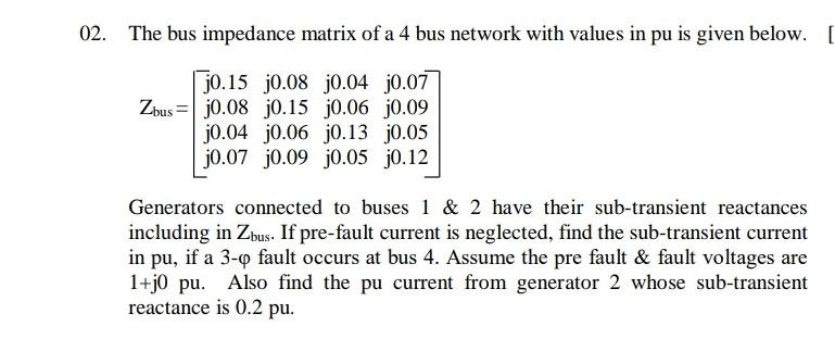 Solved 02. The bus impedance matrix of a 4 bus network with | Chegg.com