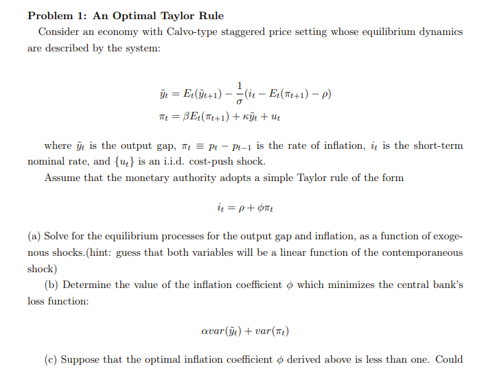 Solved Problem 1: An Optimal Taylor RuleConsider an economy | Chegg.com