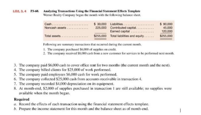 Solved L02, 3, 4 P3-60. Analyzing Transactions Using the | Chegg.com