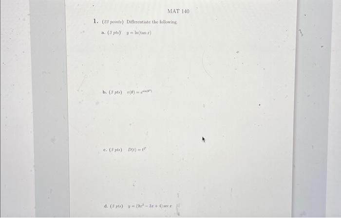 Solved 1. (23 points) Differentiate the following. a. (3 | Chegg.com