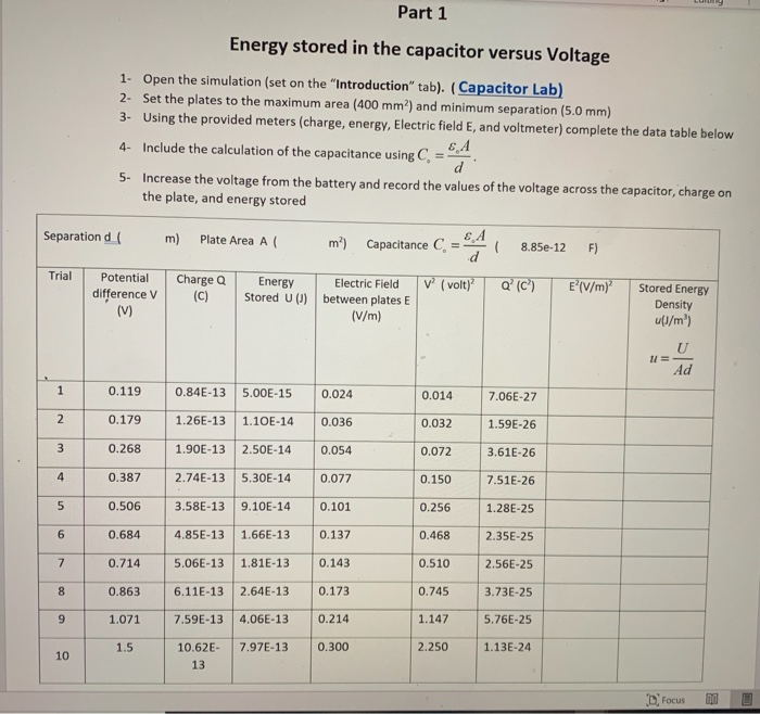 Solved Part 1 Energy stored in the capacitor versus Voltage | Chegg.com