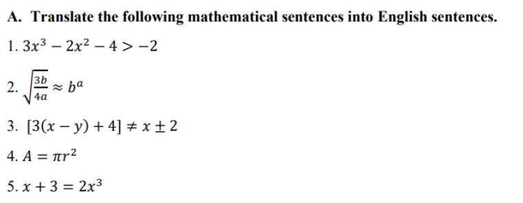 Solved A. Translate the following mathematical sentences | Chegg.com