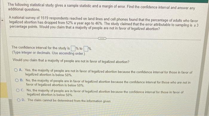Solved The following statistical study gives a sample | Chegg.com