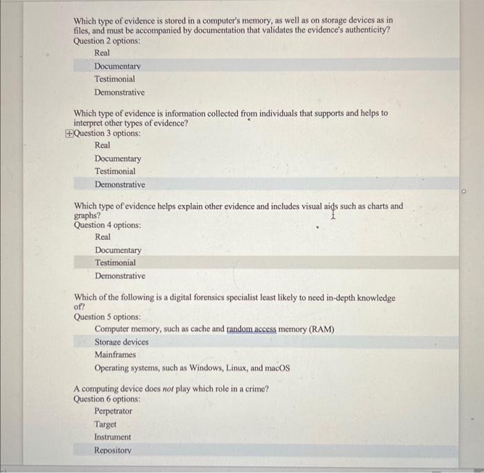 Solved Which type of evidence is stored in a computer's | Chegg.com
