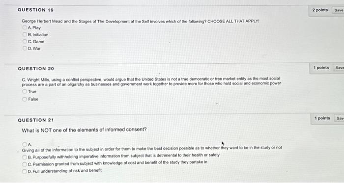QUESTION 19 George Herbert Mead and the Stages of The | Chegg.com