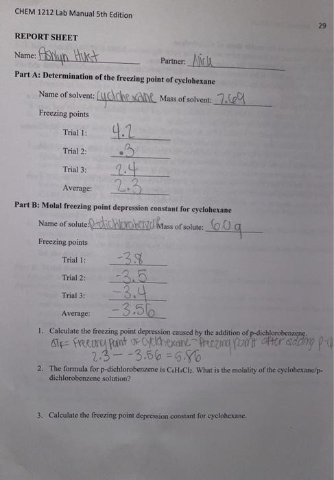 Solved CHEM 1212 Lab Manual 5th Edition 29 REPORT SHEET | Chegg.com