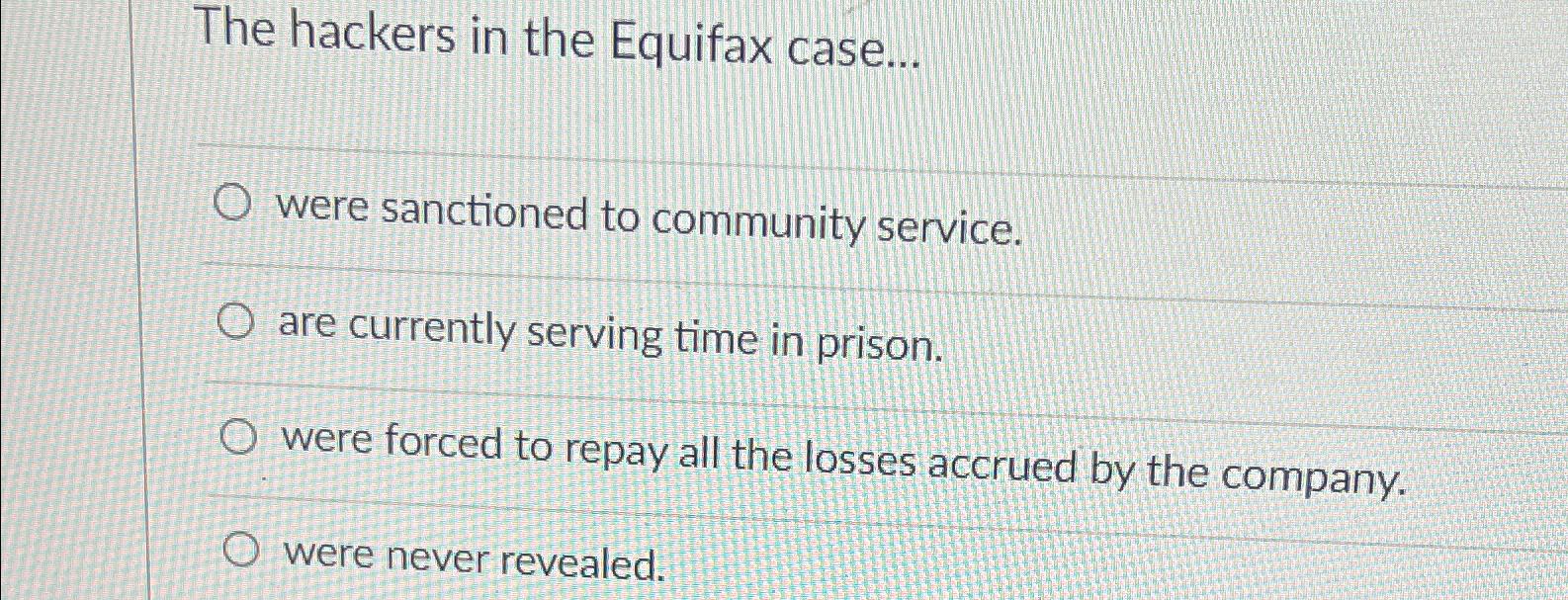 Solved The hackers in the Equifax case...were sanctioned to | Chegg.com