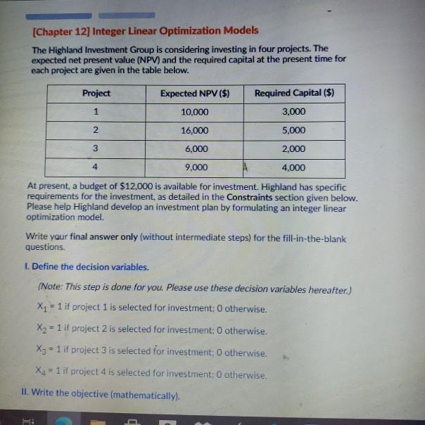 Solved [Chapter 12) Integer Linear Optimization Models The | Chegg.com