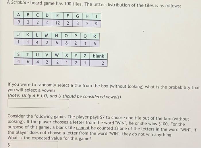 Solved A Scrabble board game has 100 tiles. The letter | Chegg.com