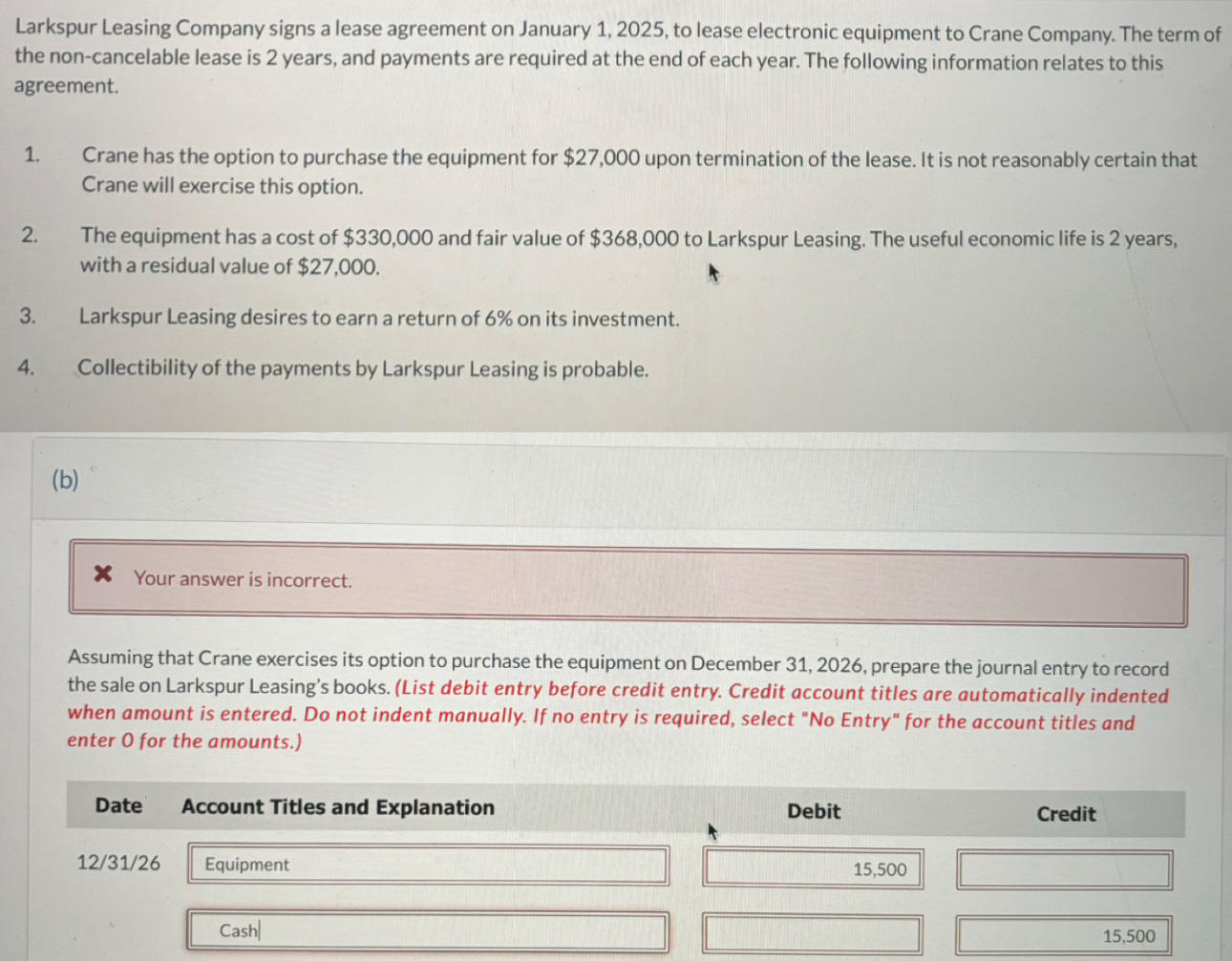 Solved Larkspur Leasing Company signs a lease agreement on | Chegg.com