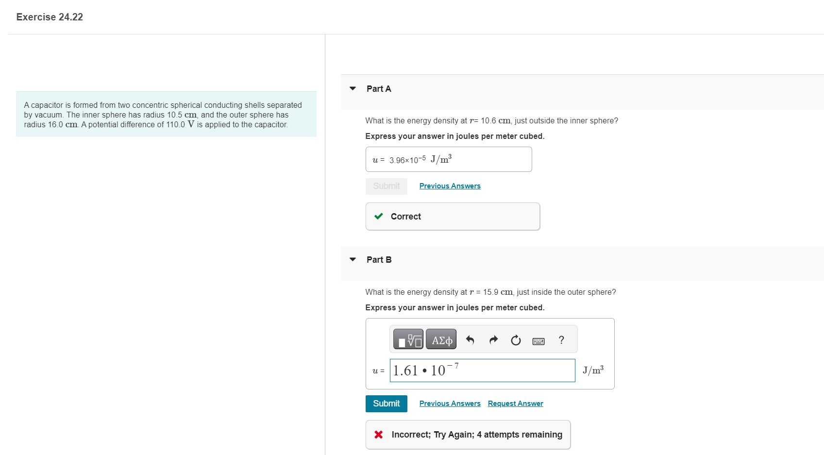 Solved Exercise 24.22A capacitor is formed from two | Chegg.com
