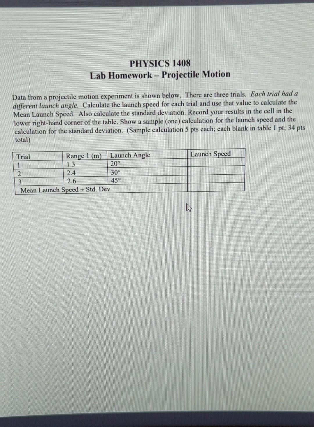 Solved PHYSICS 1408 Lab Homework – Projectile Motion Data | Chegg.com