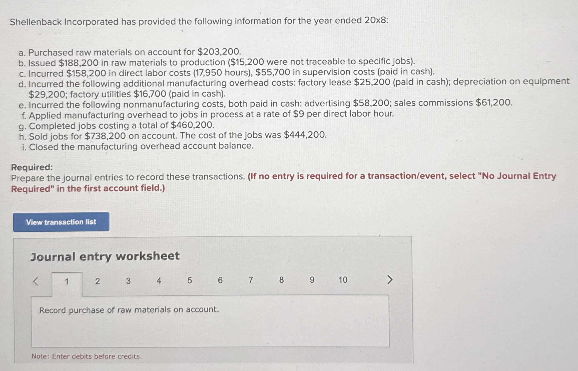 Solved Shellenback Incorporated has provided the following | Chegg.com