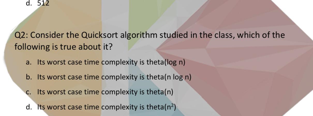 Solved Q2: Consider the Quicksort algorithm studied in the | Chegg.com