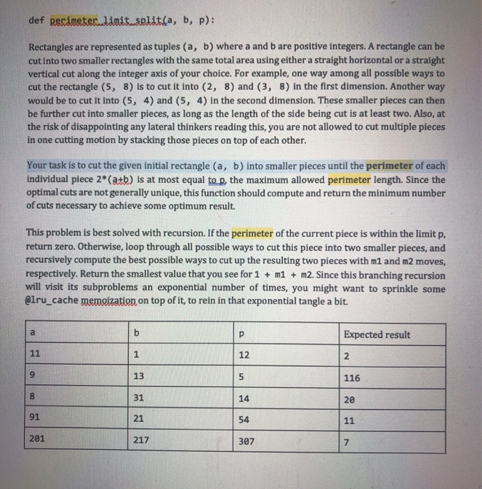 Solved def perimeter limitsplit(a, b, p): Rectangles are | Chegg.com