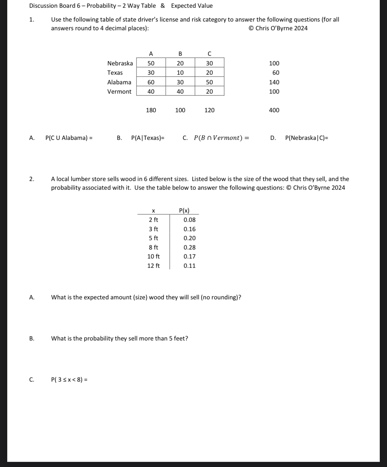 Solved Discussion Board 6 - ﻿Probability -2 ﻿Way Table & | Chegg.com