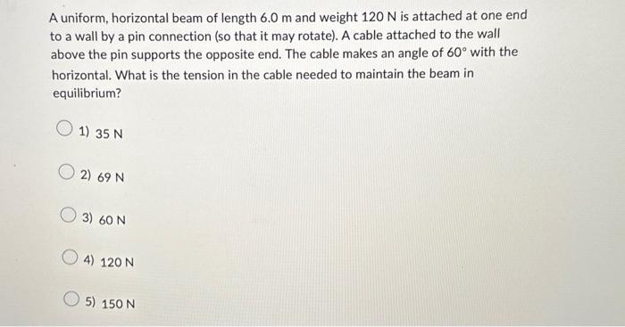 Solved A uniform, horizontal beam of length 6.0 m and weight | Chegg.com