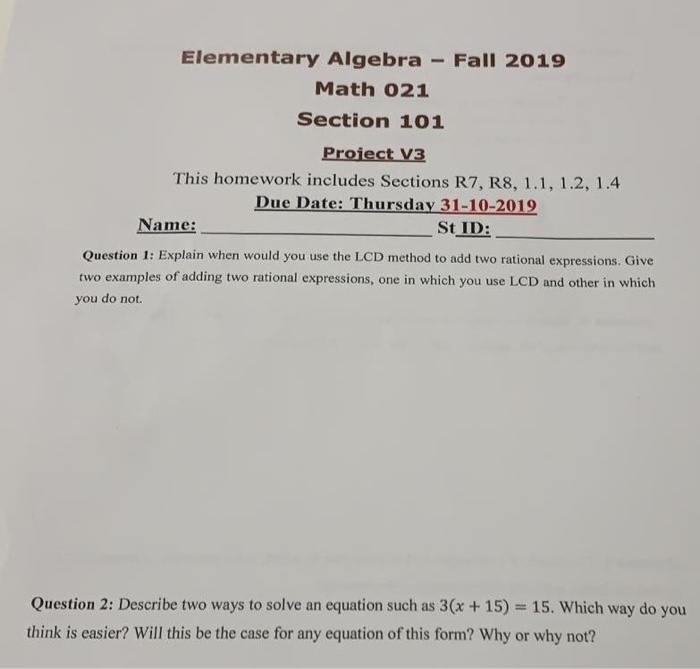 Solved Elementary Algebra - Fall 2019 Math 021 Section 101 | Chegg.com