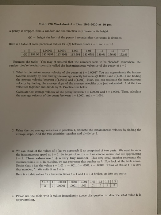 Solved Math 226 Worksheet 4 - Due 10-1-2020 at 10 pm A penny | Chegg.com