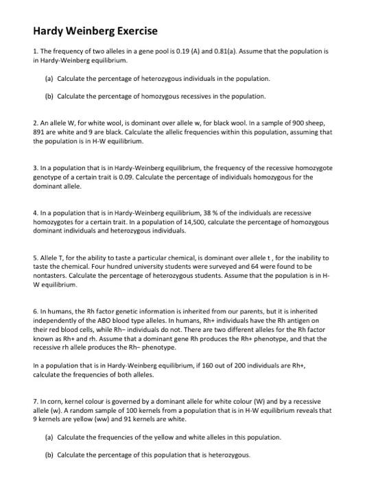 Solved Hardy Weinberg Exercise 1. The frequency of two | Chegg.com