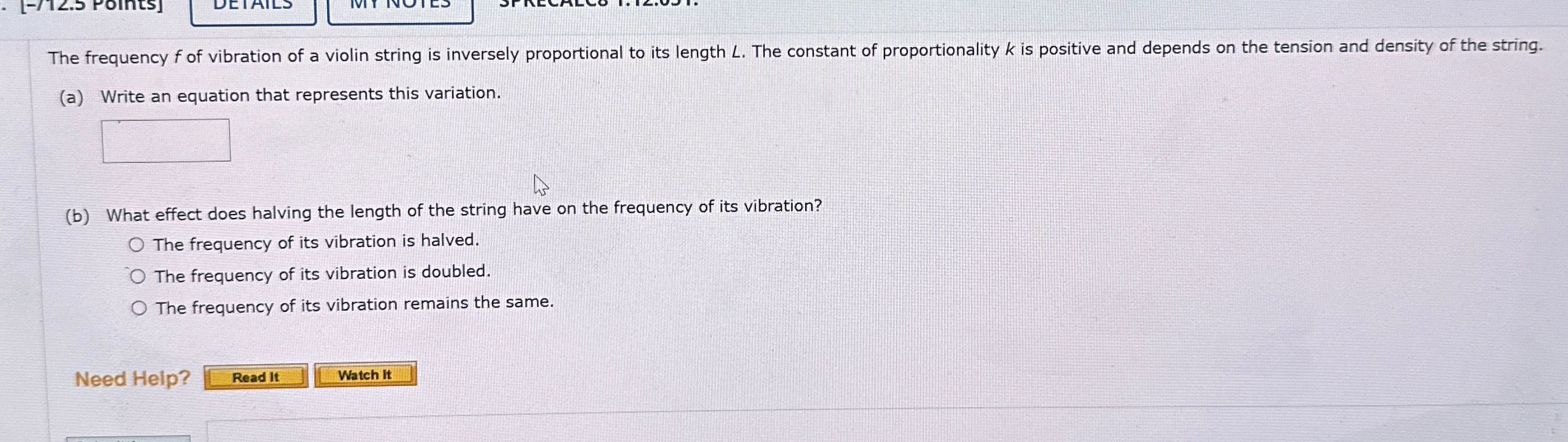 Solved The frequency f ﻿of vibration of a violin string is | Chegg.com