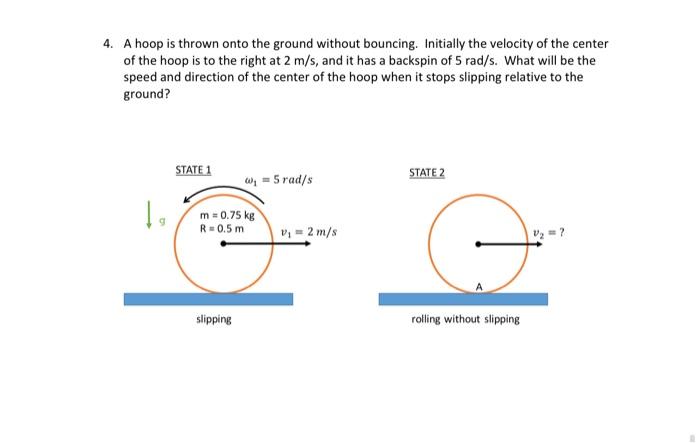 Solved 4. A hoop is thrown onto the ground without bouncing. | Chegg.com