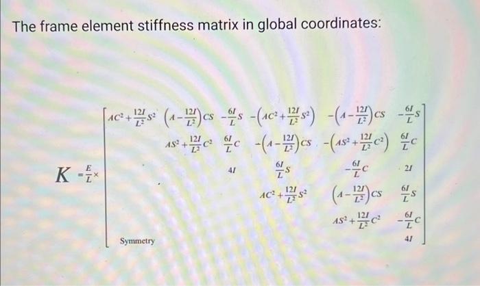 Solved The frame element stiffness matrix in global | Chegg.com Solved The frame element stiffness matrix in global | Chegg.com
