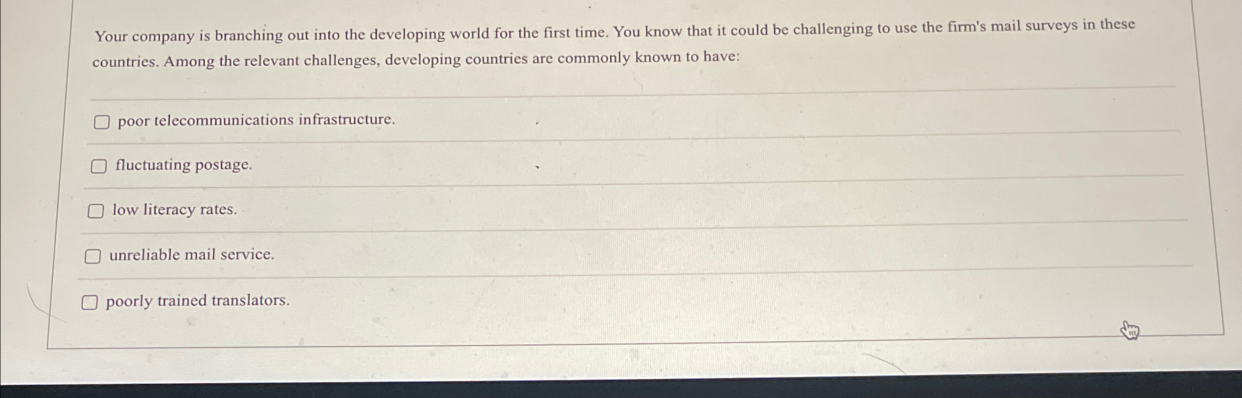 Solved Your company is branching out into the developing | Chegg.com