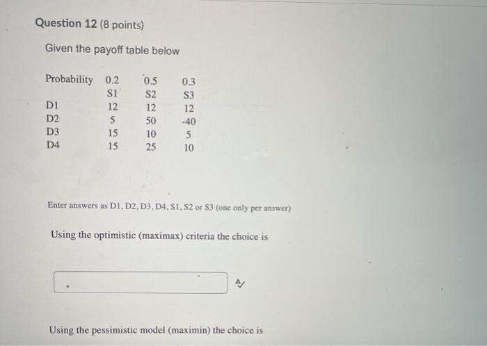 Solved Question 12 (8 points) Given the payoff table below | Chegg.com Solved Question 12 (8 points) Given the payoff table below | Chegg.com