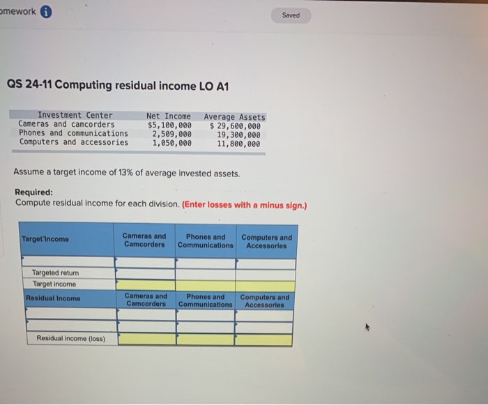 Solved mework Saved QS 24-11 Computing residual income LO A1 | Chegg.com Solved mework Saved QS 24-11 Computing residual income LO A1 | Chegg.com