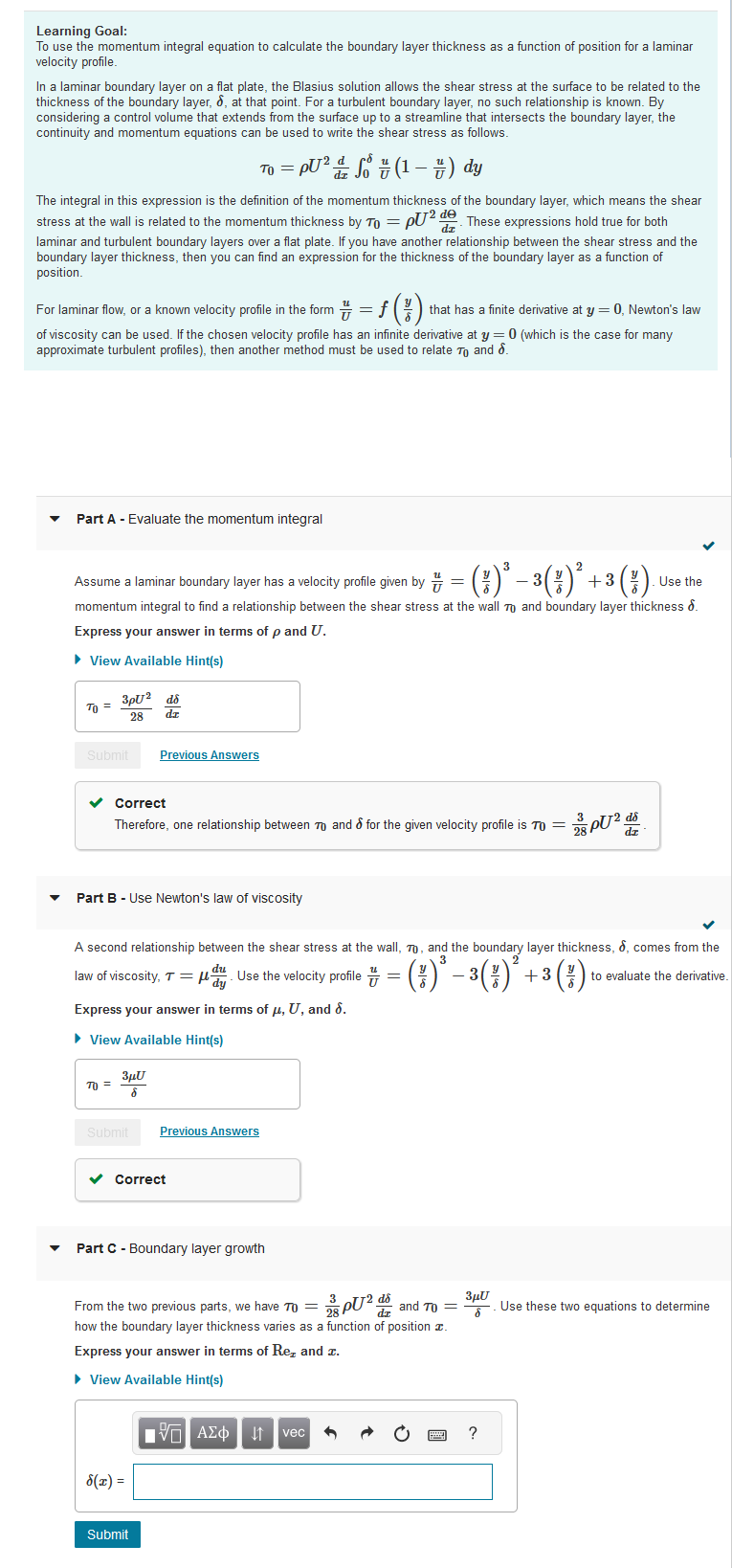 Solved ANSWER PART C ONLY ﻿In a laminar boundary lAayer on a | Chegg.com