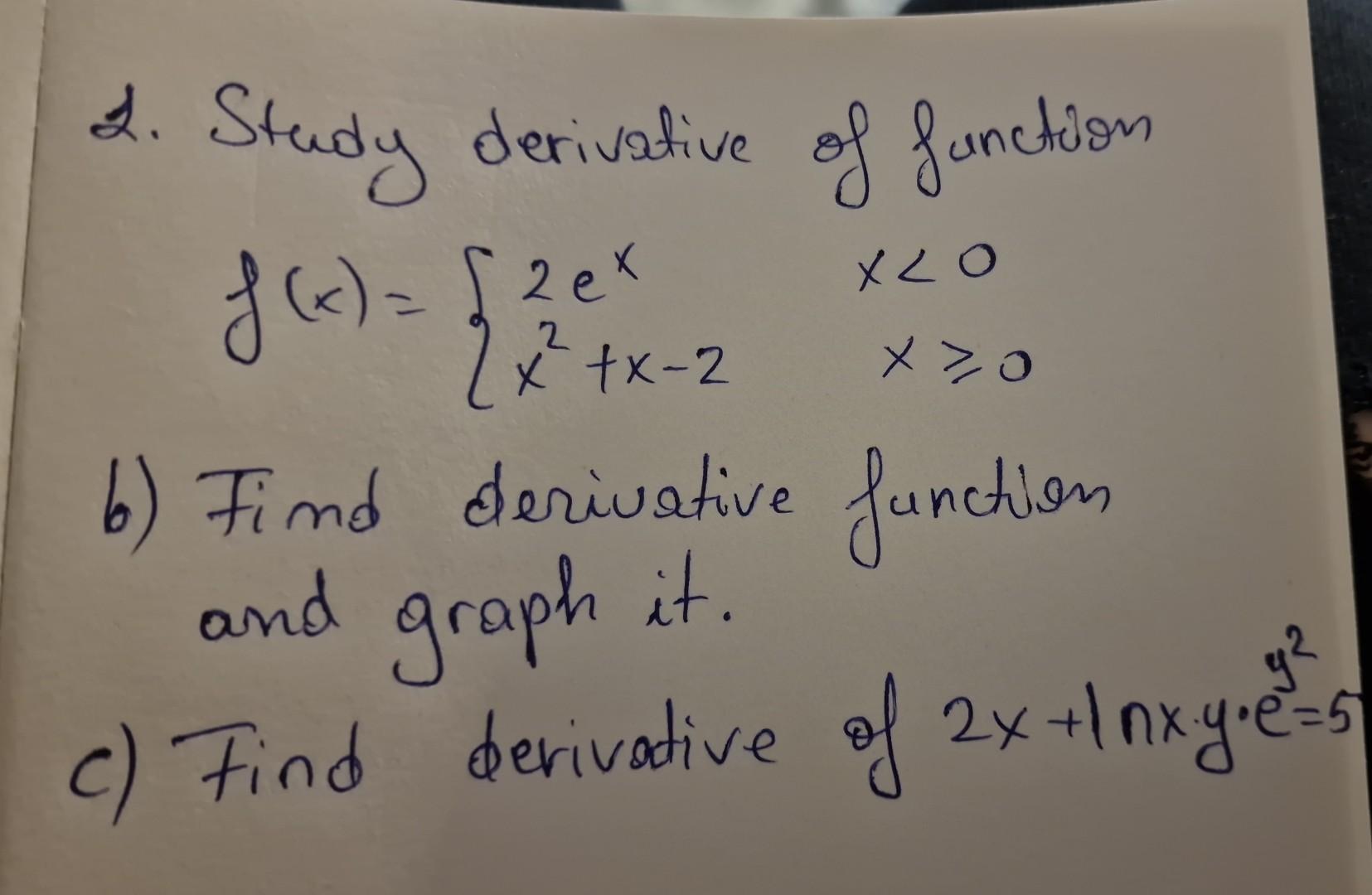 Solved 2. Study derivative of function f(x)={2exx2+x−2x