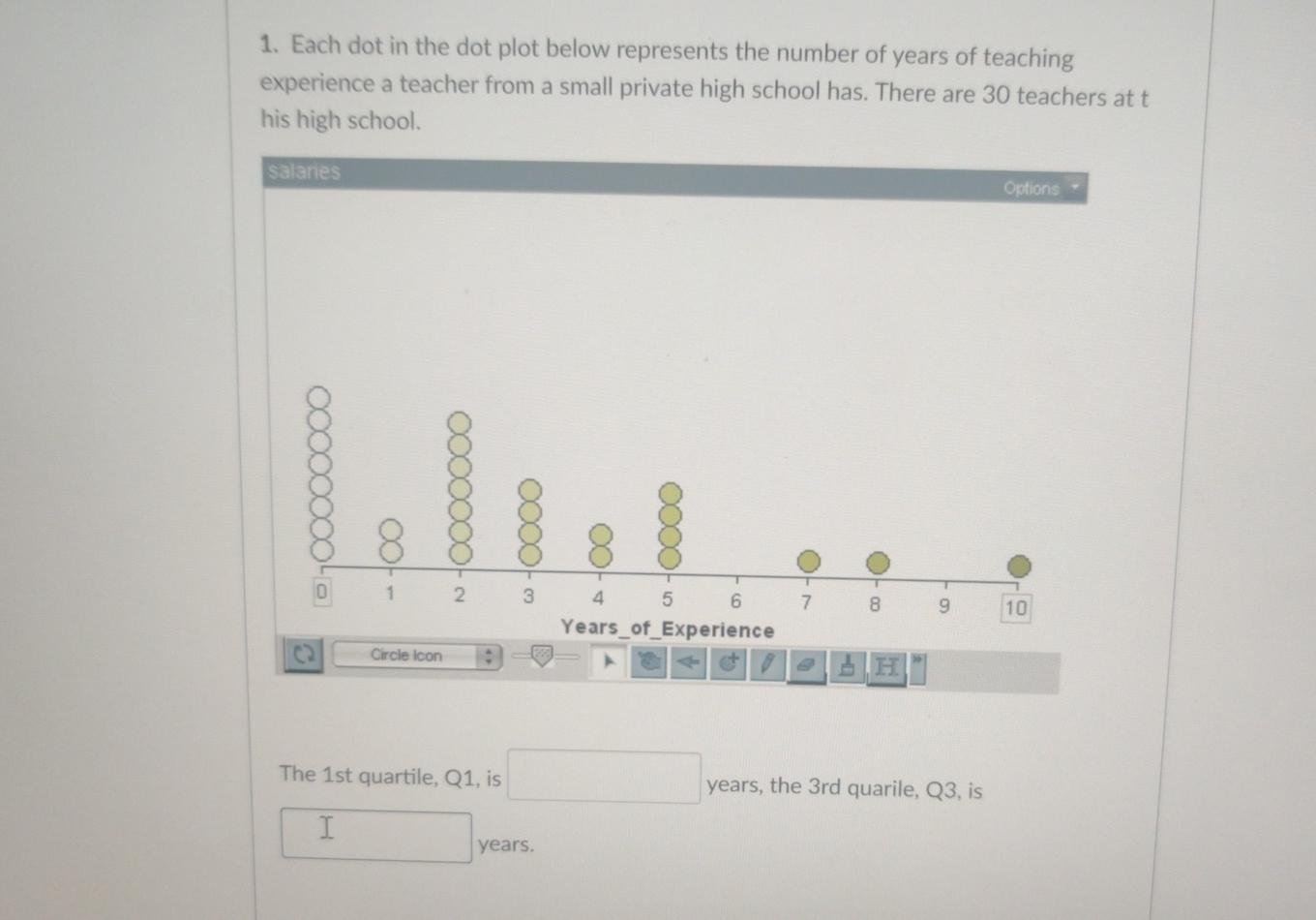 Solved 1. Each dot in the dot plot below represents the | Chegg.com