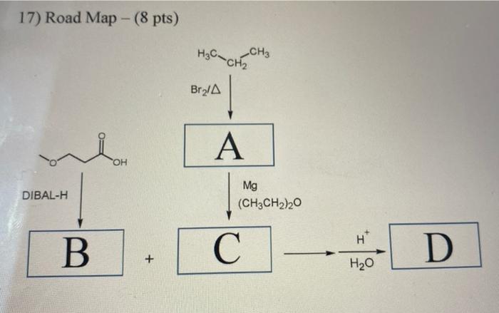 Solved 17) Road Map - (8 pts) H₂CH2 CH3 Bry/A А ОН DIBAL-H | Chegg.com