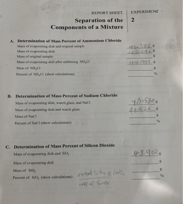 REPORT SHEET EXPERIMENT 2 Separation of the | Chegg.com