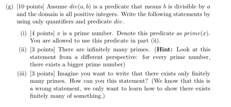 Solved (g) [10 ﻿points] ﻿Assume div(a,b) ﻿is a predicate | Chegg.com