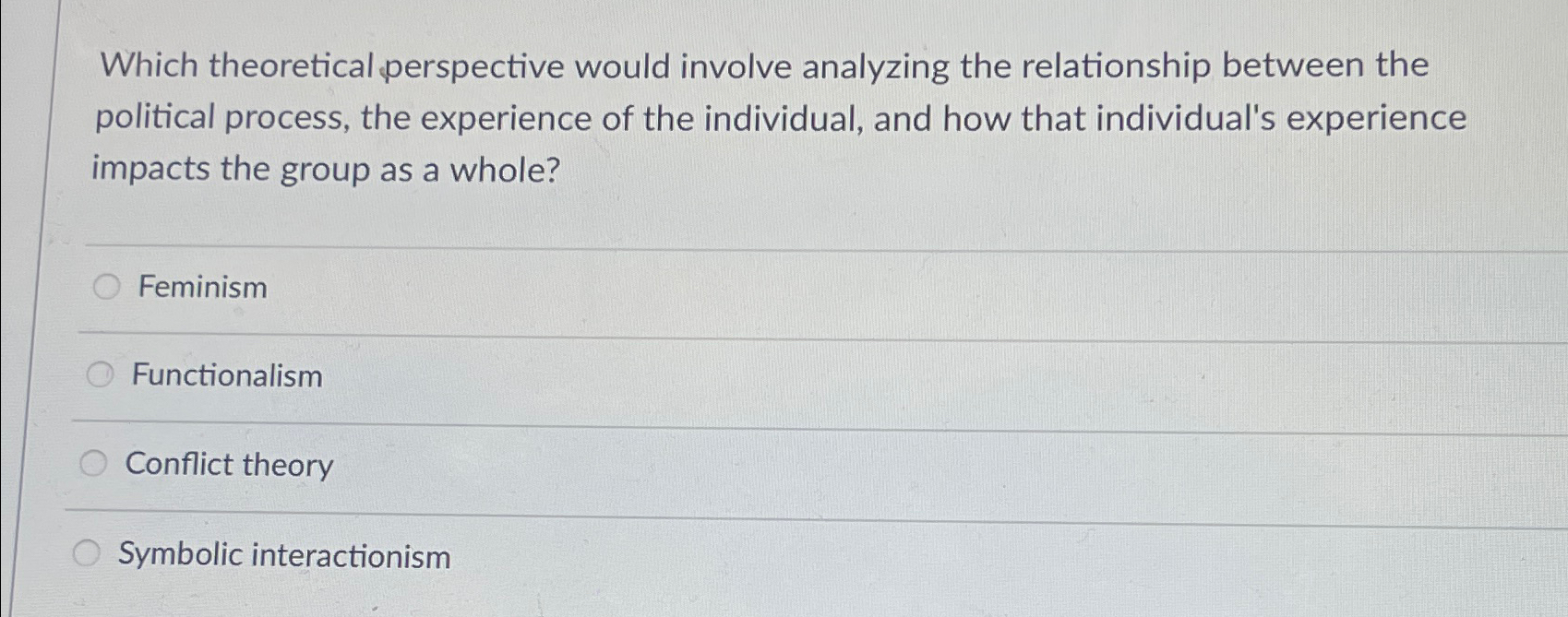 Solved Which theoretical perspective would involve analyzing | Chegg.com