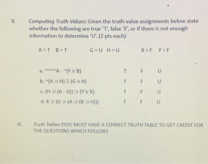Solved V. Computing Truth-Values: Given the truth-value | Chegg.com