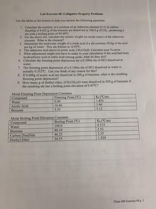 Solved Lab Exercise #8: Colligative Property Problems Use | Chegg.com