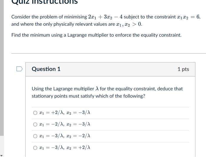 Consider the problem of minimising 2x1+3x2−4 subject | Chegg.com