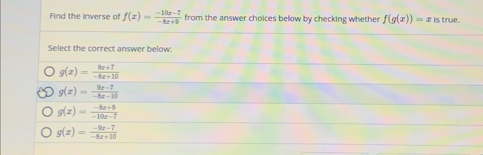 Solved Find the inverse of f(x)=-10x-7-8x+9 ﻿from the answer | Chegg.com