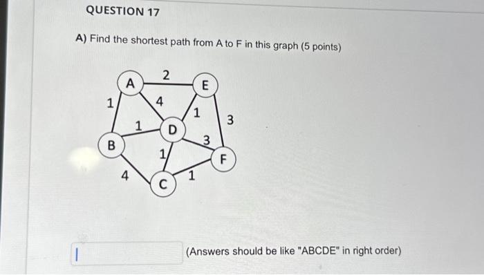 Solved QUESTION 17 A) Find the shortest path from A to F in | Chegg.com