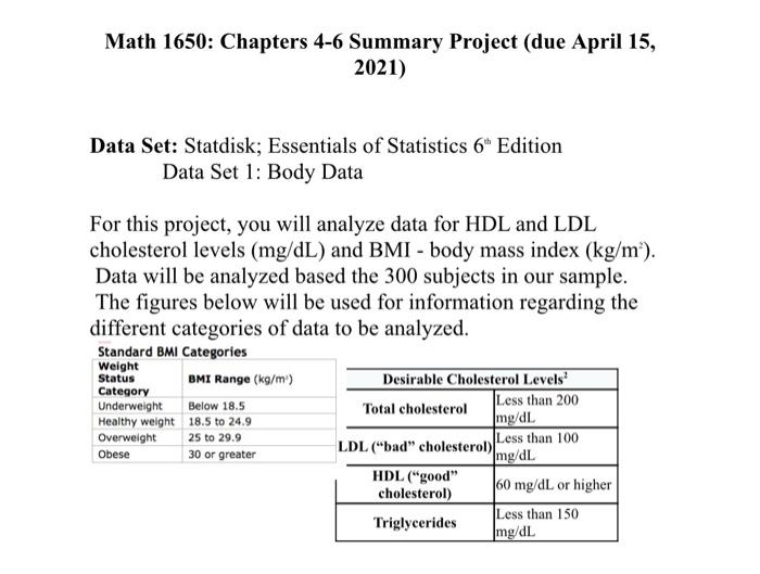 Math 1650: Chapters 4-6 Summary Project (due April | Chegg.com