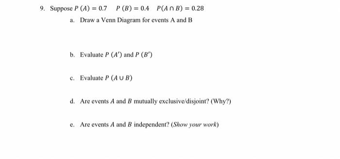 Solved 9. Suppose P(A)=0.7P(B)=0.4P(A∩B)=0.28 a. Draw a Venn | Chegg.com