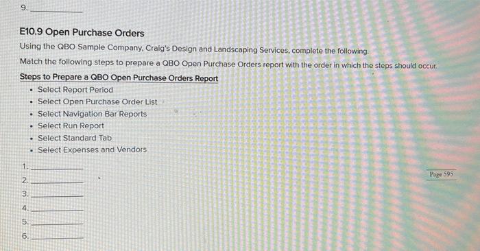 Solved 9 E10.9 Open Purchase Orders Using the QBO Sample | Chegg.com